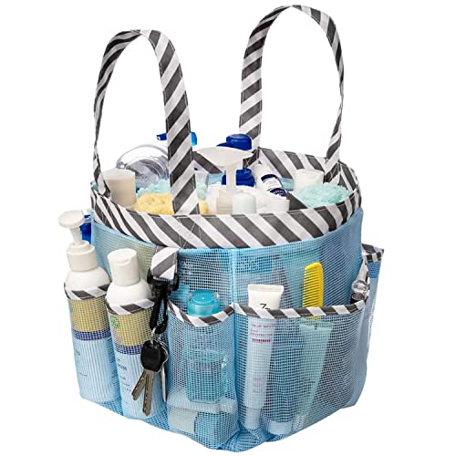 ARCCI Mesh Shower Caddy Tote, Large Portable Shower Caddy Basket with 8 Pockets, Quick Dry Hanging Toiletry Bath Shower Bag for College Dorm Room Essentials, Gym, Bathroom, Camp, Travel, Blue