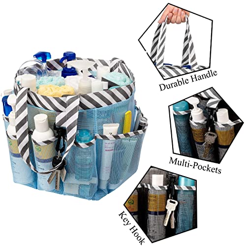 ARCCI Mesh Shower Caddy Tote, Large Portable Shower Caddy Basket with 8 Pockets, Quick Dry Hanging Toiletry Bath Shower Bag for College Dorm Room Essentials, Gym, Bathroom, Camp, Travel, Blue