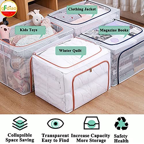 GUO FENG DIAO Steel Frame Storage Box Transparent Storage Box Quilt Storage Box Folding Wardrobe PVC or Nylon Fabric Extra Large Storage Bag (Orange Waterproof: 66L x 2Pcs + 80L x 2Pcs)