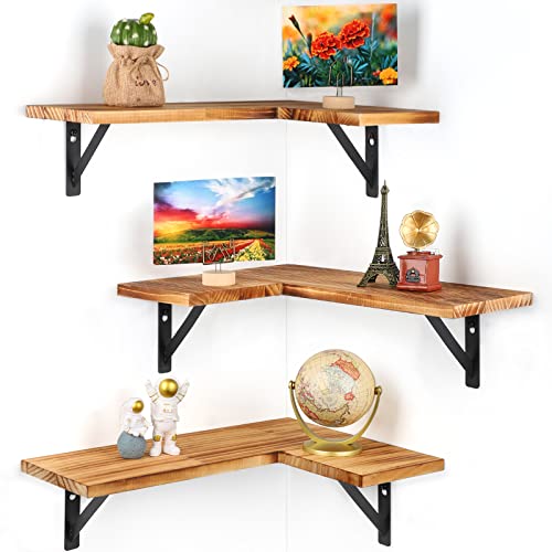 Olakee Corner Floating Shelves for Wall Set of 3, Rustic Wood Wall Shelves Storage Display Shelf Decor for Bedroom Kitchen Office Living Room