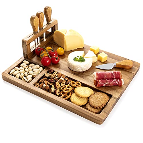 HBlife Cheese Board & Knife Set Acacia Charcuterie Board 11x14 Inch Cheese Platter with 4 Stainless Steel Knife, House Warming Gift & Perfect Choice for Christmas Thanksgiving