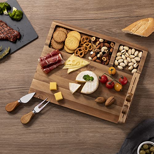 HBlife Cheese Board & Knife Set Acacia Charcuterie Board 11x14 Inch Cheese Platter with 4 Stainless Steel Knife, House Warming Gift & Perfect Choice for Christmas Thanksgiving