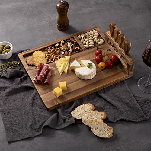 HBlife Cheese Board & Knife Set Acacia Charcuterie Board 11x14 Inch Cheese Platter with 4 Stainless Steel Knife, House Warming Gift & Perfect Choice for Christmas Thanksgiving