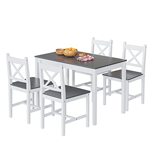 mecor 5-Piece Kitchen Dining Table Set, Pine Wood Dining Table and 4 Chairs Dinette Table Kitchen Room Furniture，Grey