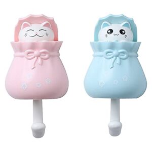 bathroom cartoon lucky bag cat towel wall mounted hook,no punching porch key holder,door back clothes hanger,storage rack 1/2/4 pcs (e blue + pink)