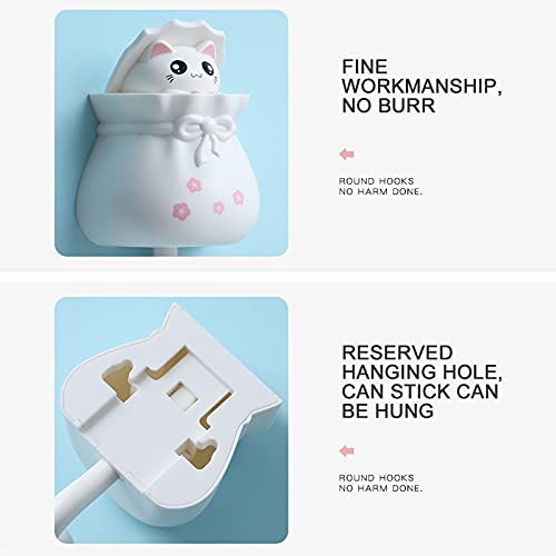 Bathroom Cartoon Lucky Bag Cat Towel Wall Mounted Hook,No Punching Porch Key Holder,Door Back Clothes Hanger,Storage Rack 1/2/4 PCS (E Blue + Pink)