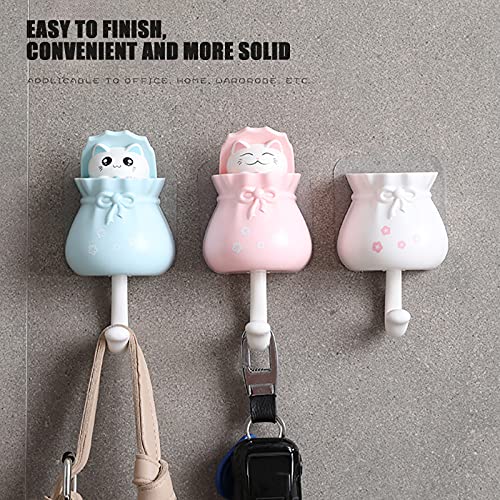 Bathroom Cartoon Lucky Bag Cat Towel Wall Mounted Hook,No Punching Porch Key Holder,Door Back Clothes Hanger,Storage Rack 1/2/4 PCS (E Blue + Pink)