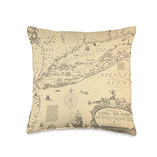 Nassau and Suffolk County New York Atlas Long Island NY Map Throw Pillow, 16x16, Multicolor