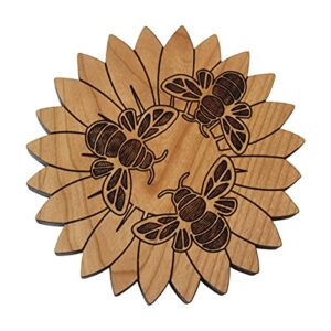 honey bees on a flower trivet- hand crafted in the usa from solid cherry hardwood (6 inch)