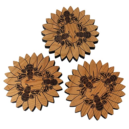 Honey Bees on a Flower Trivet- Hand Crafted in The USA From Solid Cherry Hardwood (6 Inch)