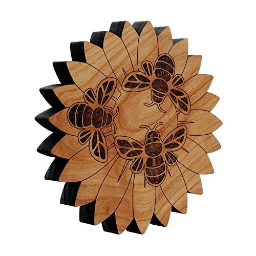 Honey Bees on a Flower Trivet- Hand Crafted in The USA From Solid Cherry Hardwood (6 Inch)