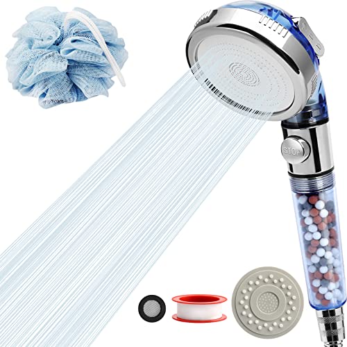 Shower Head,REHAVE Jetting Filter Shower Sprayer,High Pressure 3 Mode,Handheld Spray Showerheads for Dry Skin Hair,Handheld Filter Supercharged Large Rainfall,Purifying Filtration Mineral Stone Beads