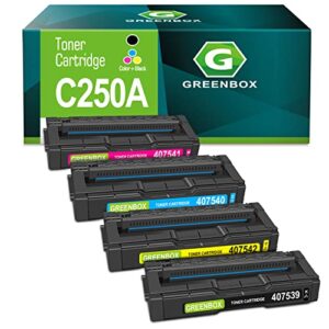 greenbox remanufactured c250 high capacity toner cartridge replacement for ricoh c250 407539 407540 407541 407542 for sp c250dn c250sf c261sfn printer (1 black, 1 cyan, 1 magenta, 1 yellow, 4-pack)