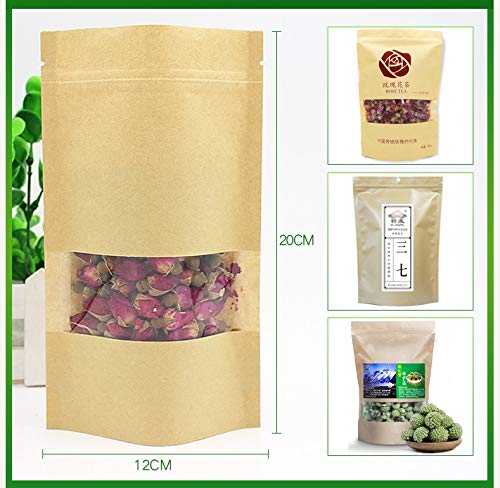 50pcs Kraft Stand Up Pouches, Zip Lock Bags, with Notch and Matte Window, 12x20 cm (4.7 x 7.8 Inch)