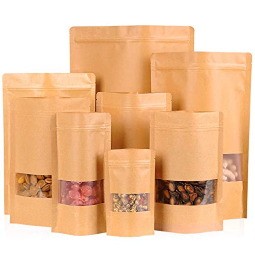 50pcs Kraft Stand Up Pouches, Zip Lock Bags, with Notch and Matte Window, 12x20 cm (4.7 x 7.8 Inch)