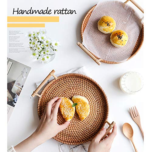 ORYOUGO Hand Woven Rattan Serving Tray Decorative Round Rattan Storage Plate with Handles Rustic Breakfast Fruit Snack Coffee Tea Baskets, L