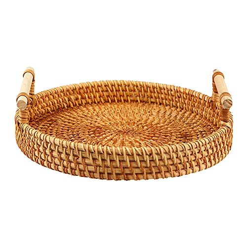 ORYOUGO Hand Woven Rattan Serving Tray Decorative Round Rattan Storage Plate with Handles Rustic Breakfast Fruit Snack Coffee Tea Baskets, L