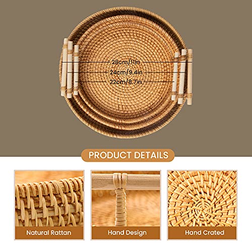 ORYOUGO Hand Woven Rattan Serving Tray Decorative Round Rattan Storage Plate with Handles Rustic Breakfast Fruit Snack Coffee Tea Baskets, L