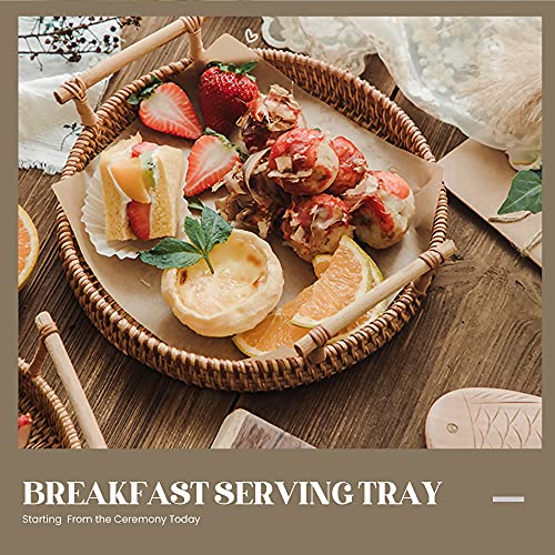 ORYOUGO Hand Woven Rattan Serving Tray Decorative Round Rattan Storage Plate with Handles Rustic Breakfast Fruit Snack Coffee Tea Baskets, L