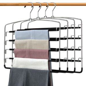 pants hangers 4 pieces, swing arm trousers hanger, space saving pants rack, 5 layers jeans hangers with non-slip, multiple pants hanger closet organizer for trousers scarves ties