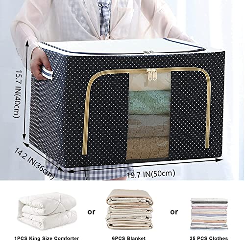 Clothes Storage Bins Boxes, 72L Large Oxford Cloth Steel Frame Organizers Bag with Clear Window, Sturdy Zipper, Reinforced Handle for Bedding, Blankets, Bedding, Pillow, Seasonal Clothing, Comforter