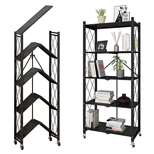 BENOSS Foldable Metal Storage Shelves with Wheels, Heavy-Duty Black Wire Rack Folding Storage Rack No Assembly, for Garage Kitchen Pantry Bedroom