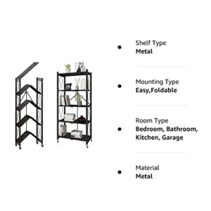 BENOSS Foldable Metal Storage Shelves with Wheels, Heavy-Duty Black Wire Rack Folding Storage Rack No Assembly, for Garage Kitchen Pantry Bedroom