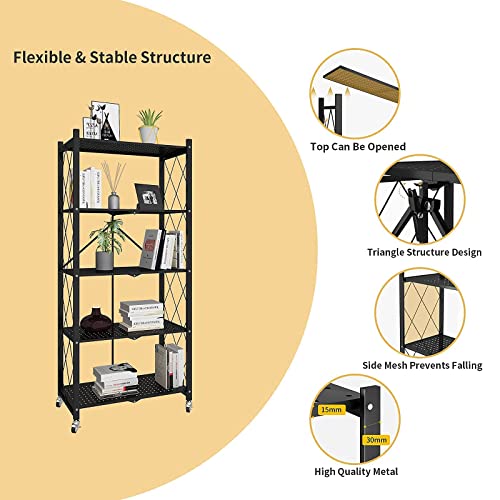 BENOSS Foldable Metal Storage Shelves with Wheels, Heavy-Duty Black Wire Rack Folding Storage Rack No Assembly, for Garage Kitchen Pantry Bedroom