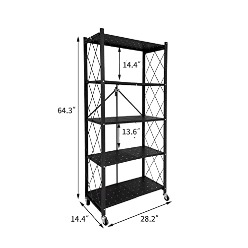 BENOSS Foldable Metal Storage Shelves with Wheels, Heavy-Duty Black Wire Rack Folding Storage Rack No Assembly, for Garage Kitchen Pantry Bedroom