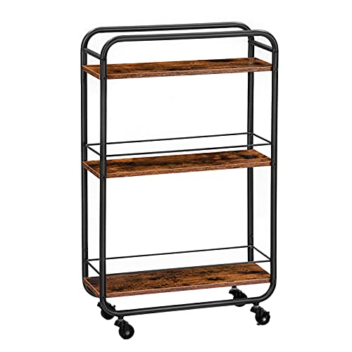 HOOBRO Slim Storage Cart, 3 Tier Serving Cart with Wheels, Trolley with Grids, Metal Frame, Sturdy and Stable, Rustic Brown BF18TC01