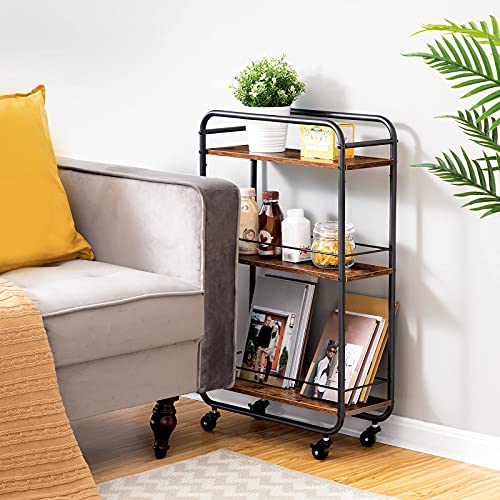 HOOBRO Slim Storage Cart, 3 Tier Serving Cart with Wheels, Trolley with Grids, Metal Frame, Sturdy and Stable, Rustic Brown BF18TC01