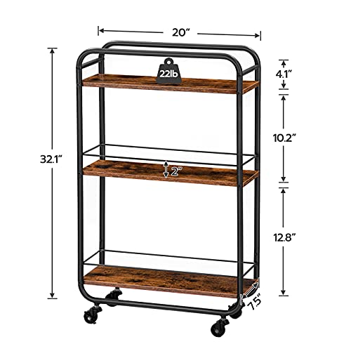 HOOBRO Slim Storage Cart, 3 Tier Serving Cart with Wheels, Trolley with Grids, Metal Frame, Sturdy and Stable, Rustic Brown BF18TC01