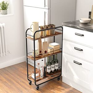 HOOBRO Slim Storage Cart, 3 Tier Serving Cart with Wheels, Trolley with Grids, Metal Frame, Sturdy and Stable, Rustic Brown BF18TC01