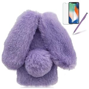 Bunny Case for Motorola One 5G Ace, Girlyard Cute Rabbit Ears Warm Fluffy Handmade Rabbit Fur Soft Plush Flexible TPU Silicone Bumper Phone Shell Furry Protective Cover for Women Girls - Purple