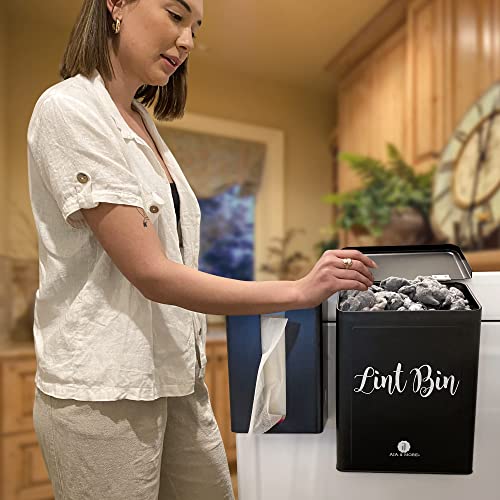 A.J.A. & MORE Modern Farmhouse Magnetic Lint Bin with Lid for Laundry Room Organization and Laundry Room Décor - Storage Wall Mount Space-Saving Washer and Dryer Trash Can Solution (Matte Black)