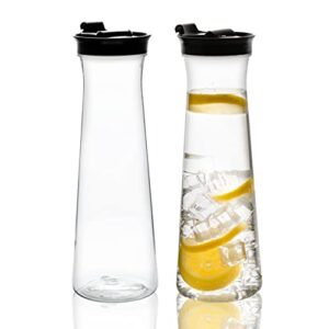 clear plastic water pitchers carafes with flip top black lids 34 oz heavy duty beverage pitcher jug for juice or iced coffee great for mimosa bar restuarants ot schools pack of 2