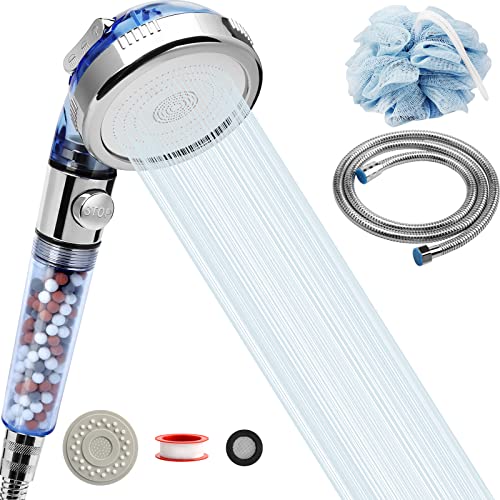 High Pressure Shower Head with Hose, REHAVE Water Saving RV Handheld Shower Head, Shower Sprayer, 3 Mode, Handheld Spray Showerheads for Dry Skin Hair Loss, Purifying Filtration Mineral Stone Beads