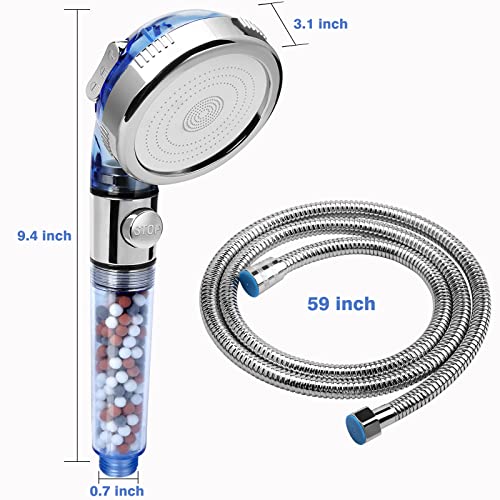 High Pressure Shower Head with Hose, REHAVE Water Saving RV Handheld Shower Head, Shower Sprayer, 3 Mode, Handheld Spray Showerheads for Dry Skin Hair Loss, Purifying Filtration Mineral Stone Beads