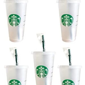 Starbuck 5 Pack Bundle - Reusable Frosted 24 oz Cold Cup with Lid and Green Straw w/Stopper