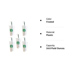 Starbuck 5 Pack Bundle - Reusable Frosted 24 oz Cold Cup with Lid and Green Straw w/Stopper