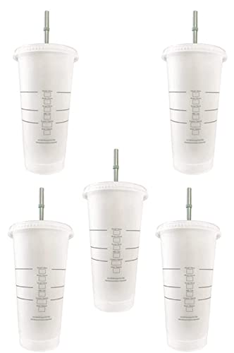 Starbuck 5 Pack Bundle - Reusable Frosted 24 oz Cold Cup with Lid and Green Straw w/Stopper