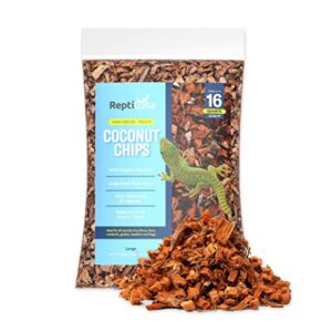 repticasa organic coconut chips substrate clean & ready to use for reptiles, snakes, tortoise, and amphibians, natural fiber free husks, clean breeding and bedding flooring, odor absorbing - 16 quarts