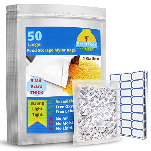 50 x FirstDRY 1 Gallon Mylar Bags - Extra Thick 10 Mil (5 Mil each side), 55 x 400cc Oxygen Absorbers , 50 x Labels - Airtight Vacuum Heat Sealable or Zipper Resealable, Food Safe, Reliable Long Term Food Storage Solution - Aluminum