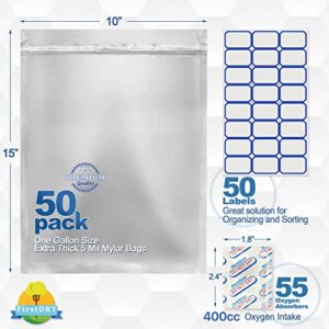 50 x FirstDRY 1 Gallon Mylar Bags - Extra Thick 10 Mil (5 Mil each side), 55 x 400cc Oxygen Absorbers , 50 x Labels - Airtight Vacuum Heat Sealable or Zipper Resealable, Food Safe, Reliable Long Term Food Storage Solution - Aluminum