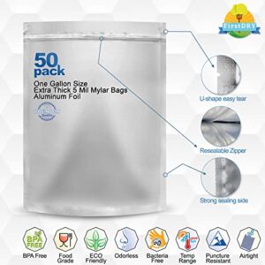 50 x FirstDRY 1 Gallon Mylar Bags - Extra Thick 10 Mil (5 Mil each side), 55 x 400cc Oxygen Absorbers , 50 x Labels - Airtight Vacuum Heat Sealable or Zipper Resealable, Food Safe, Reliable Long Term Food Storage Solution - Aluminum