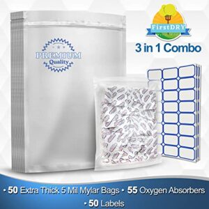 50 x FirstDRY 1 Gallon Mylar Bags - Extra Thick 10 Mil (5 Mil each side), 55 x 400cc Oxygen Absorbers , 50 x Labels - Airtight Vacuum Heat Sealable or Zipper Resealable, Food Safe, Reliable Long Term Food Storage Solution - Aluminum