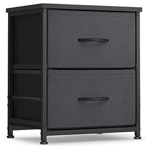 fezibo 2 drawers fabric dresser, nightstand for bedroom, small storage tower organizer unit for closet hallway entryway nursery room, steel frame, wood top, black grey