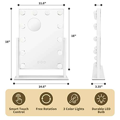 Kotdning Large Vanity Mirror with Lights, Hollywood Lighted Makeup Mirror with 12 Dimmable LED Bulbs for Dressing Room & Bedroom, Detachable 10x Magnification 360°Ratation