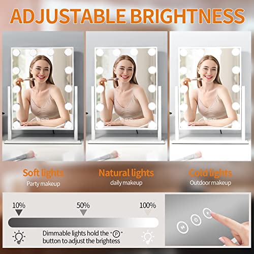 Kotdning Large Vanity Mirror with Lights, Hollywood Lighted Makeup Mirror with 12 Dimmable LED Bulbs for Dressing Room & Bedroom, Detachable 10x Magnification 360°Ratation