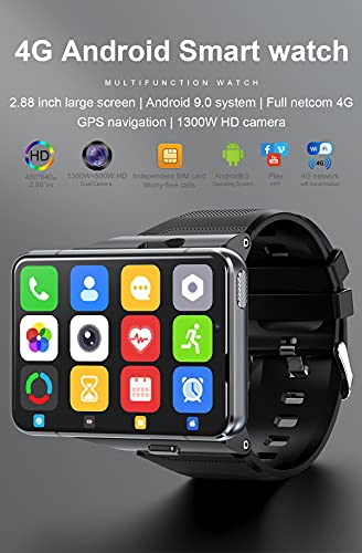 4G Smart Watch Phone, Android 9.0 MTK6761 Quad Core 4GB+64GB Smartwatch 2.88" Large Screen Men Watch 2300mAh 5.0MP+13.0MP Dual Camera Face Unlock IP67 Waterproof Fitness Activity Tracker (Black)